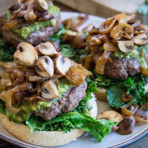 Pesto Burgers with Caramelized Onions and Mushrooms - The Roasted Root