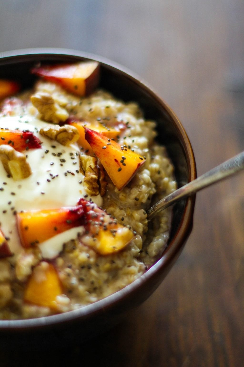 Steel Cut Oatmeal with Peaches and Chia Seeds - The Roasted Root