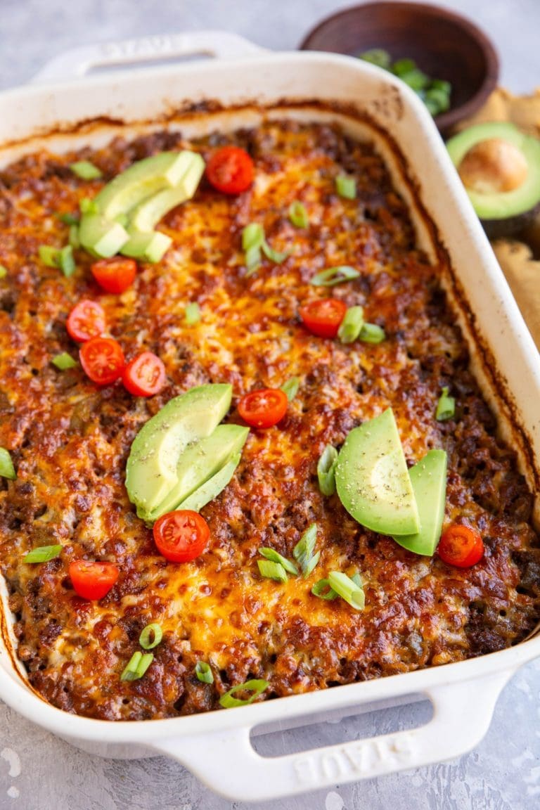Ground Beef and Rice Enchilada Casserole - The Roasted Root