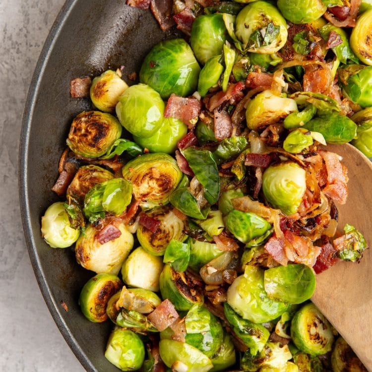 Brussel Sprouts with Caramelized Onions and Bacon - The Roasted Root