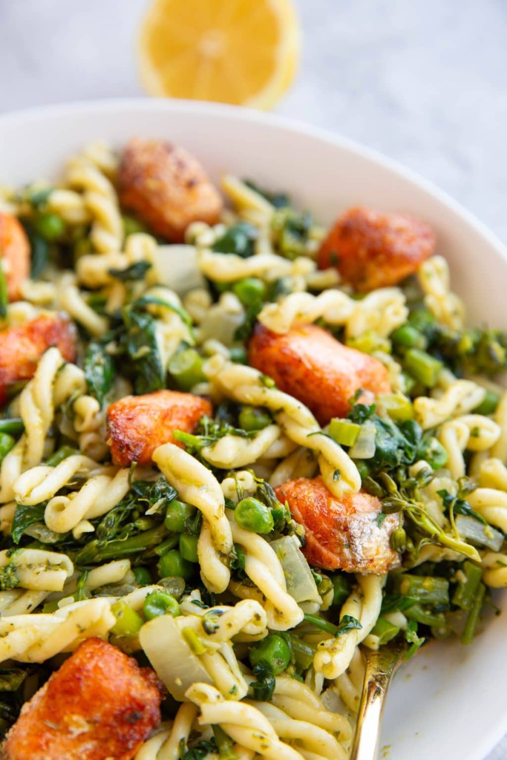 Veggie-Packed Salmon Pesto Pasta - The Roasted Root